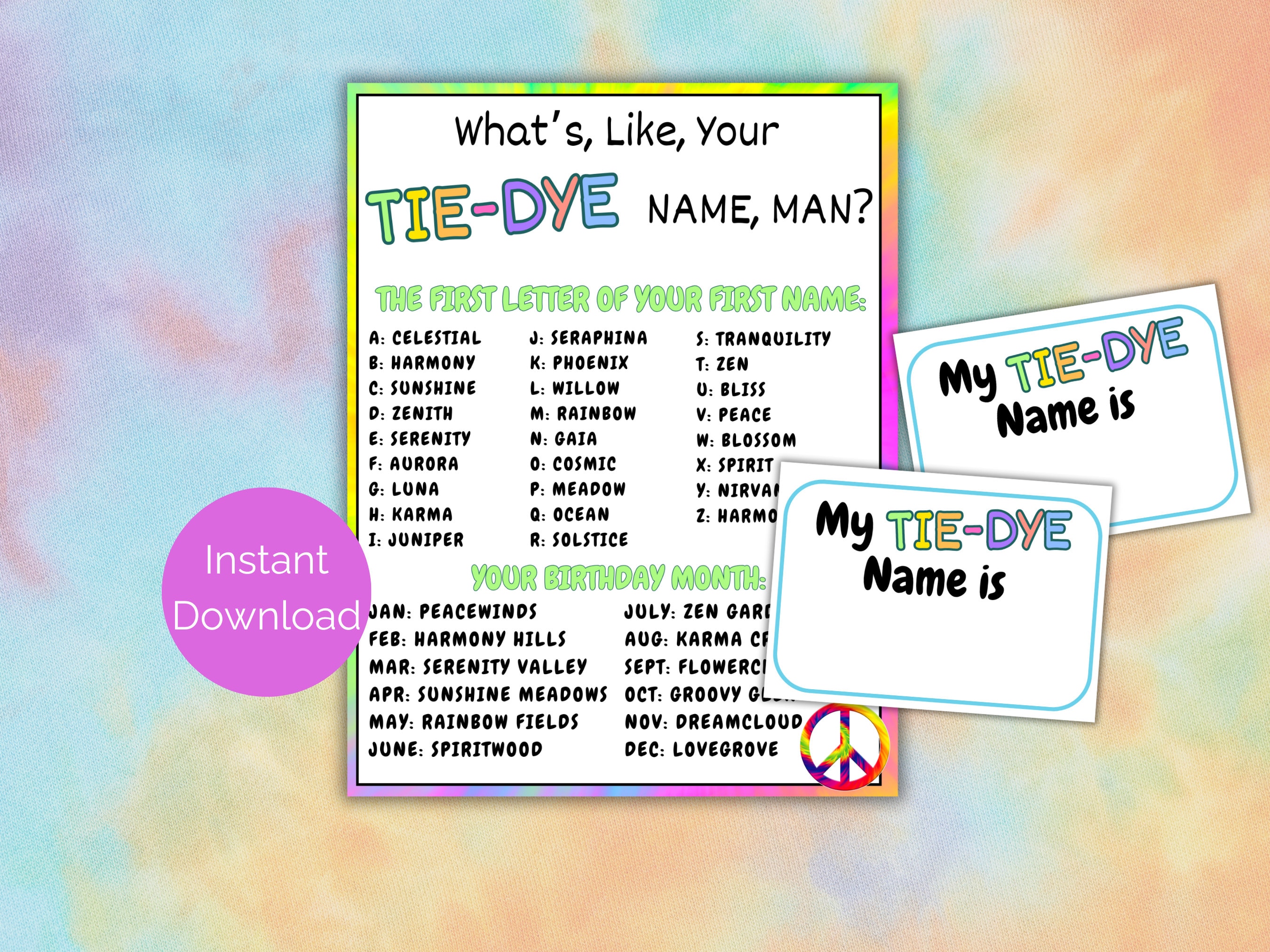 What's Your Tie Dye Name Game + Name Tags, Rainbow Birthday Game, Tie ...