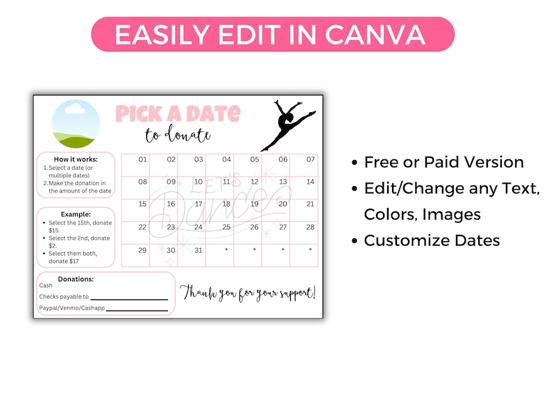 Editable Dance Pick A Date, Dance Team Fundraiser Calendar, Dance ...