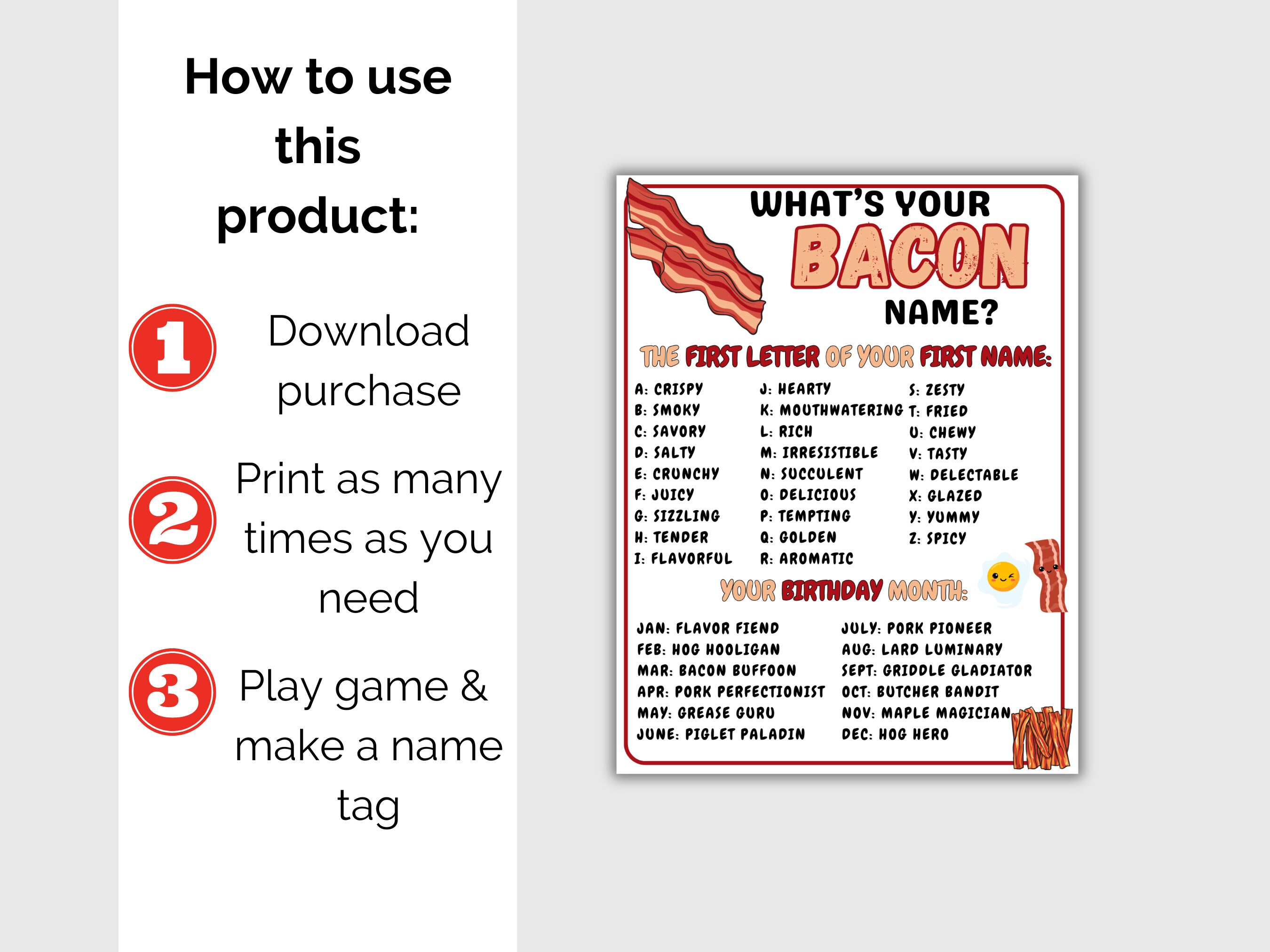 What's Your Bacon Name Game + Name Tags, National Bacon Day Game, Bacon ...