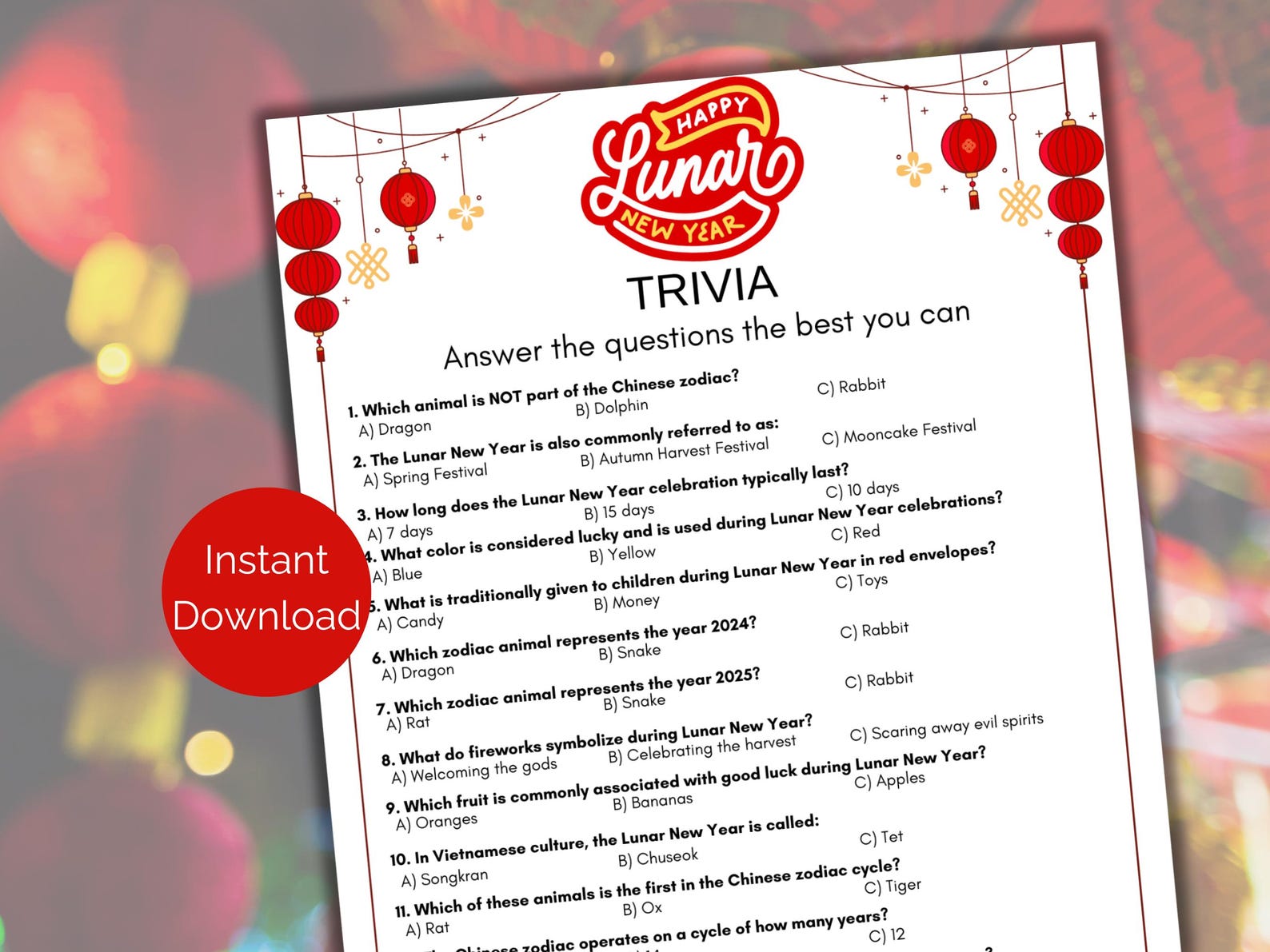 Lunar New Year Trivia Game, Lunar New Year Quiz, Printable Chinese New ...
