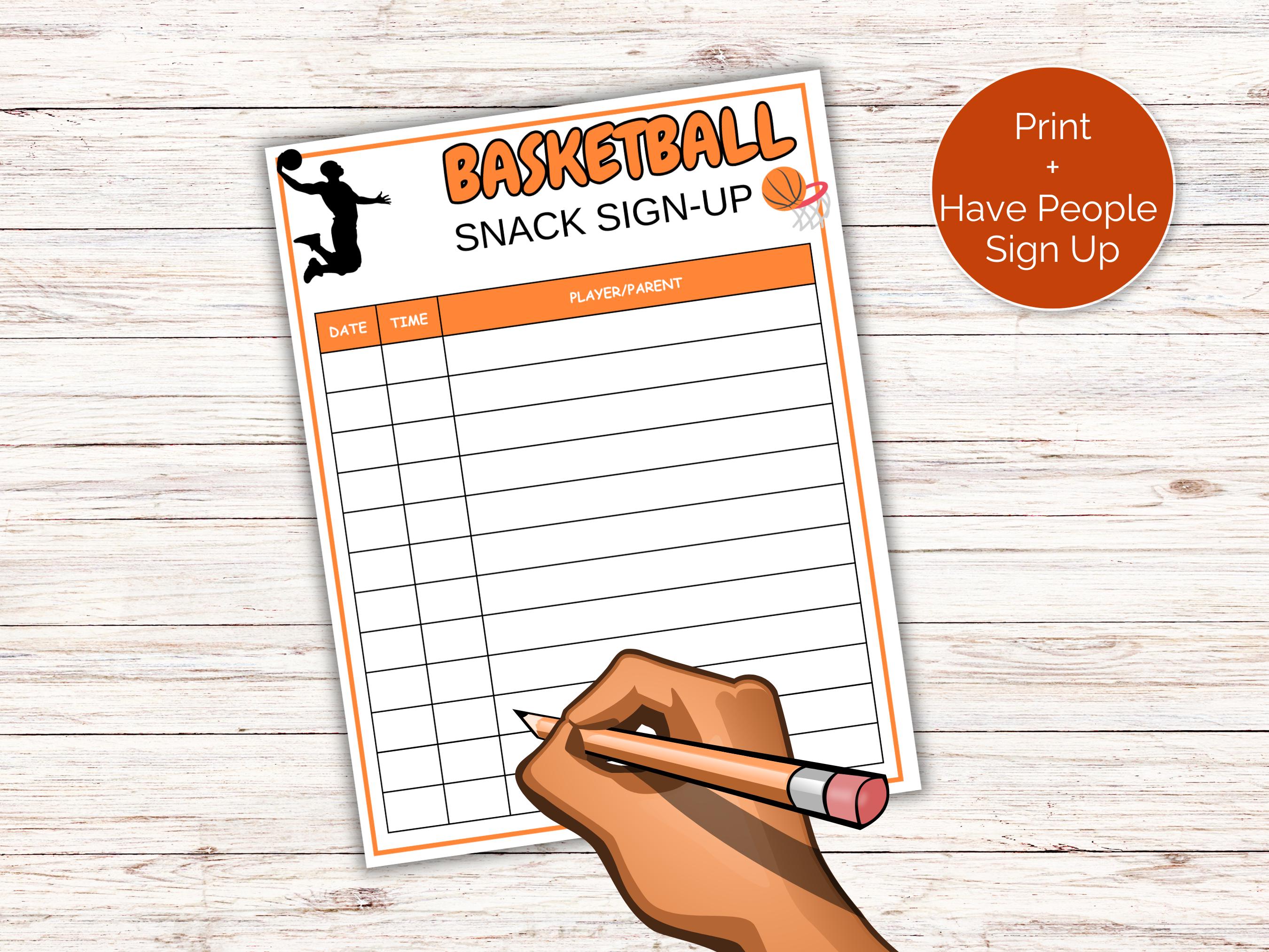 Basketball Snack Sign up Sheet, Printable Basketball Snack Schedule ...