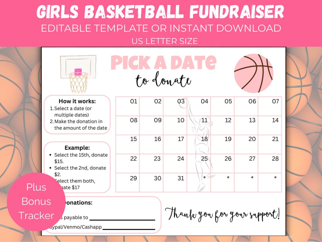 Editable Girls Basketball Pick A Date, Basketball Fundraiser Calendar ...