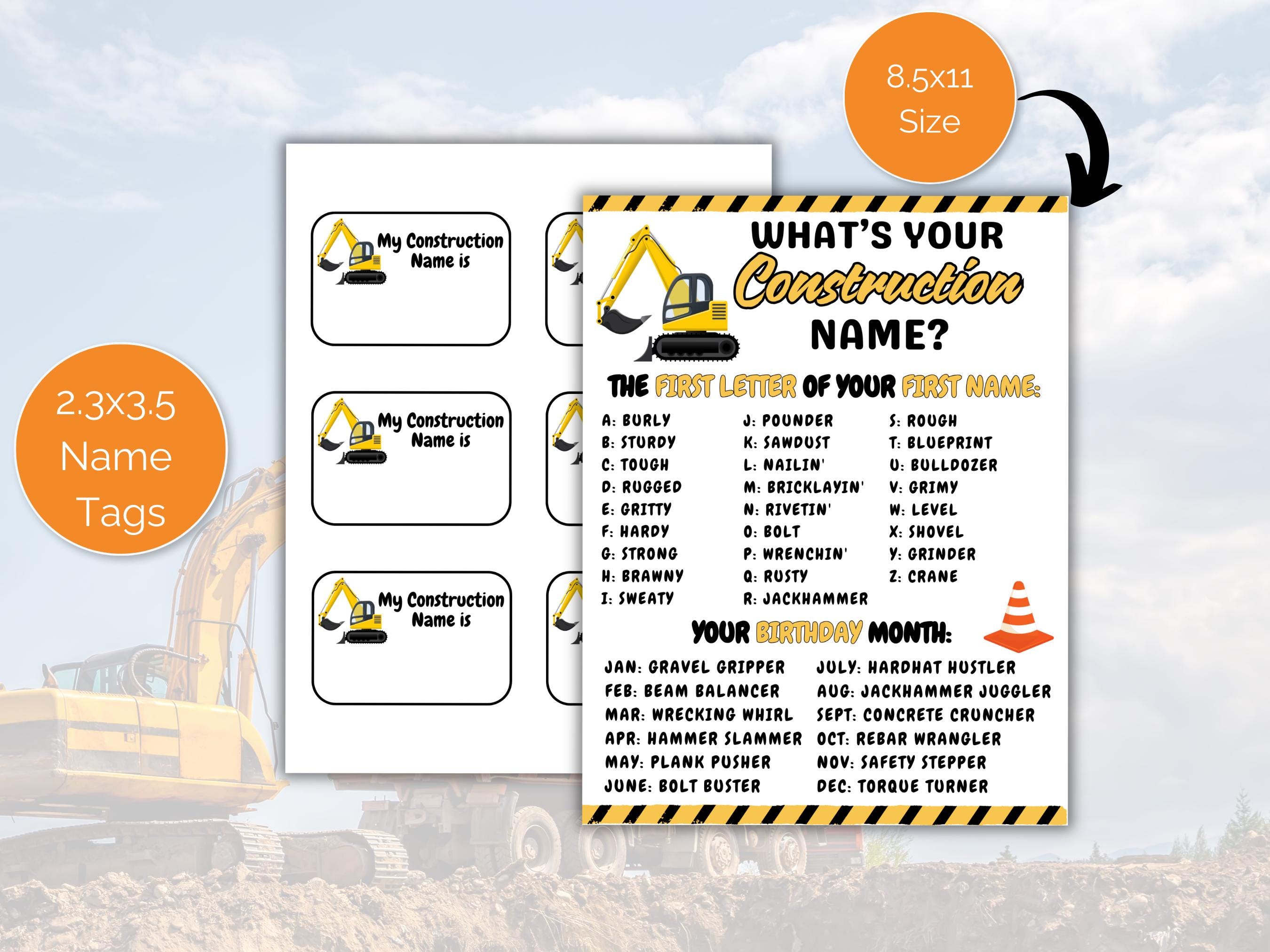 What's Your Construction Name Game + Name Tags, Printable Construction ...