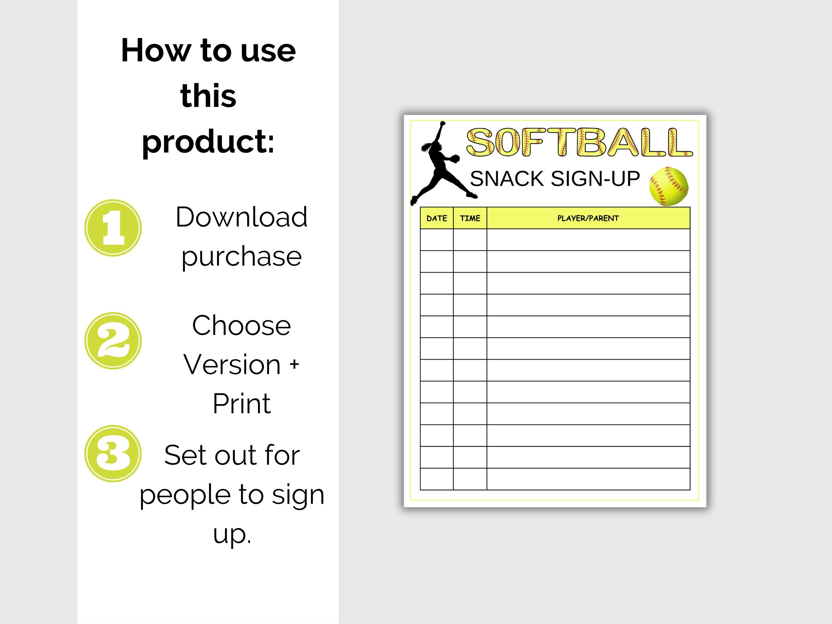 Softball Snack Sign up Sheet, Printable Softball Snack Calendar ...