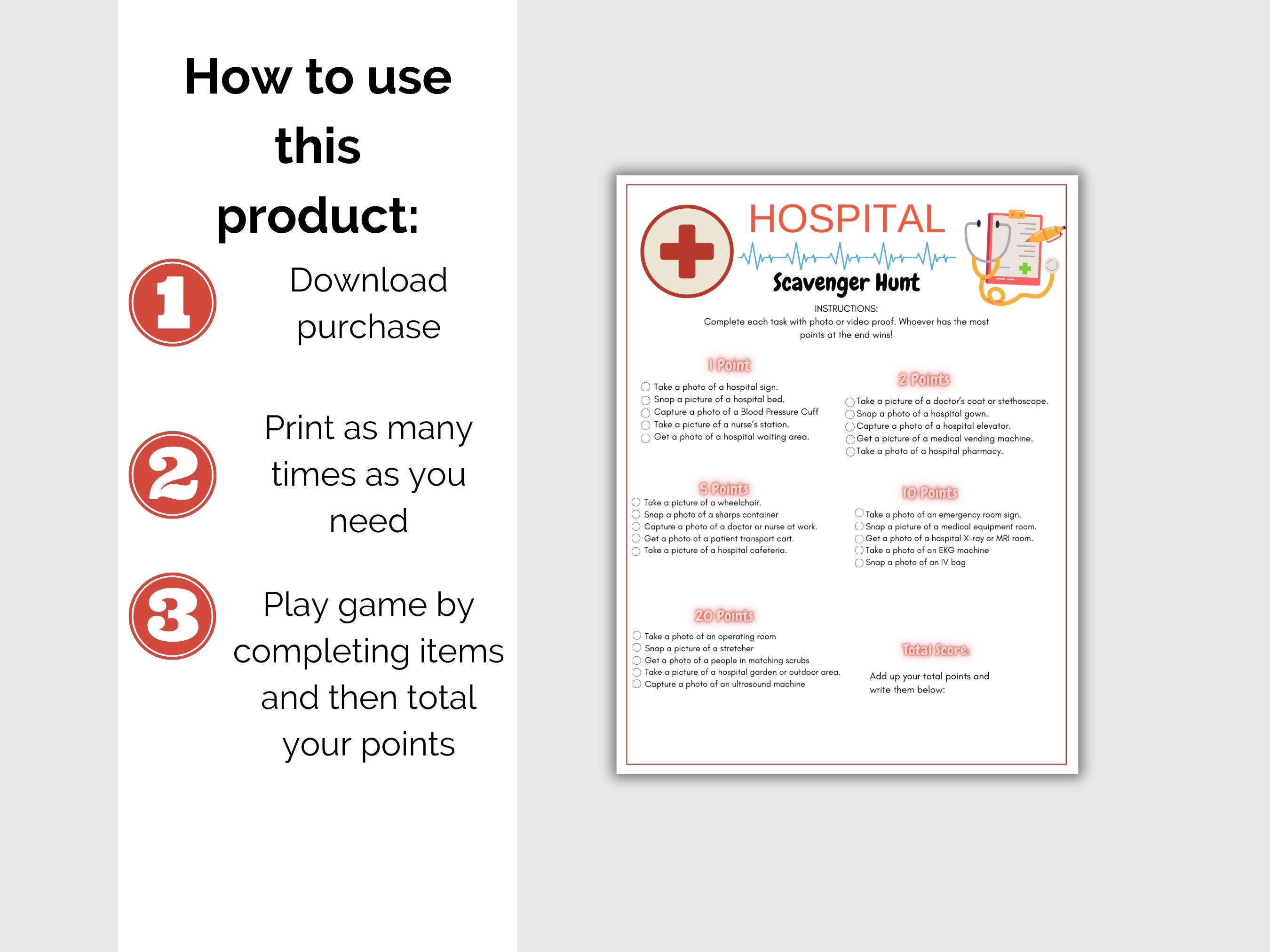 Hospital Scavenger Hunt, Printable Medical Scavenger Hunt, Nurse Party ...