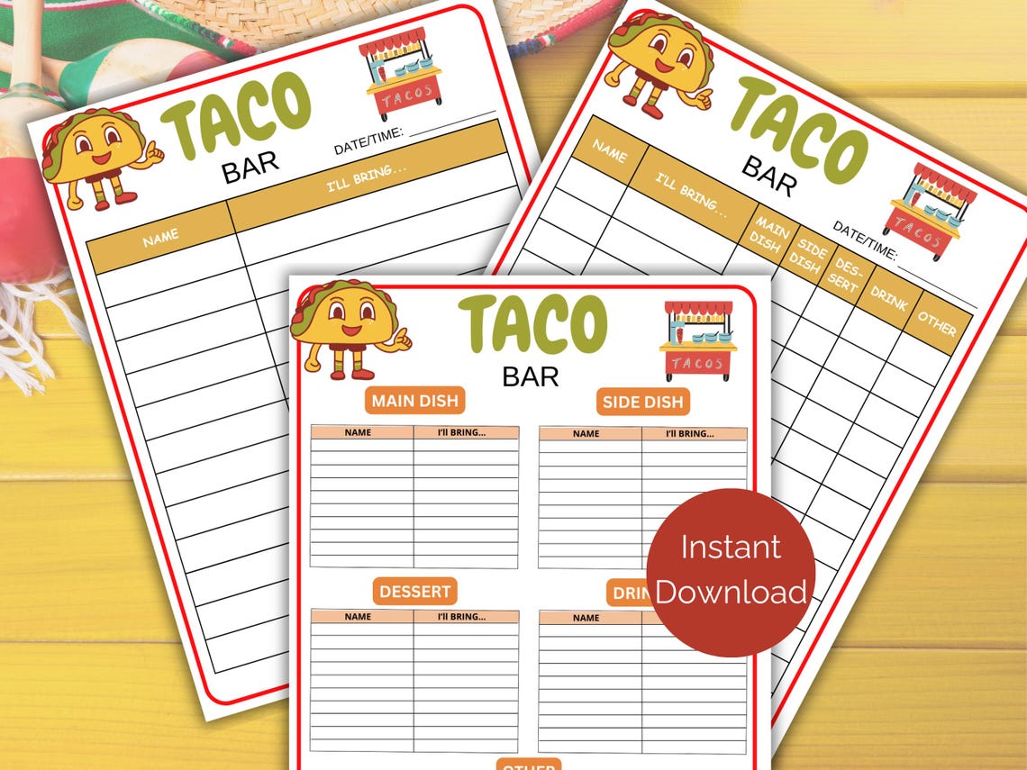 Taco Bar Sign up Sheet, Printable Mexican Fiesta Potluck Party Signup ...