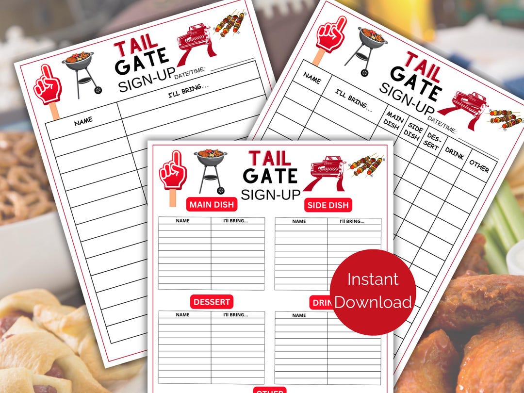 Tailgate Sign up Sheet, Printable Tailgate Party Potluck Sign up Form ...