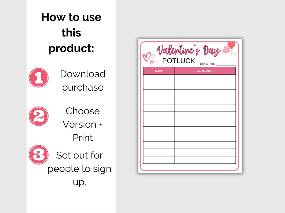 Valentines Day Potluck Sign up Sheet, Printable Valentines Day Party ...