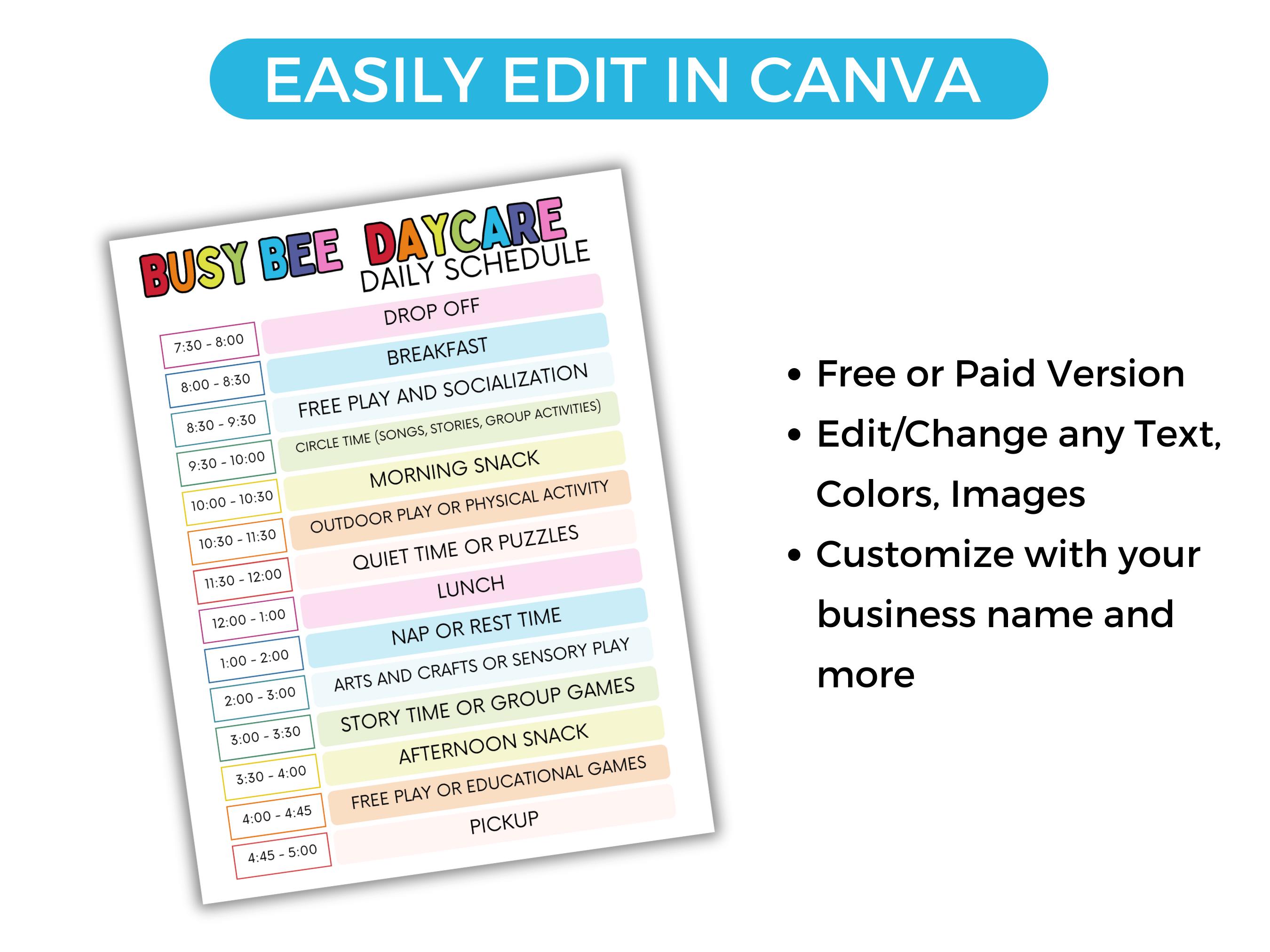 Editable Home Daycare Daily Schedule, Daily Schedule for Preschool ...