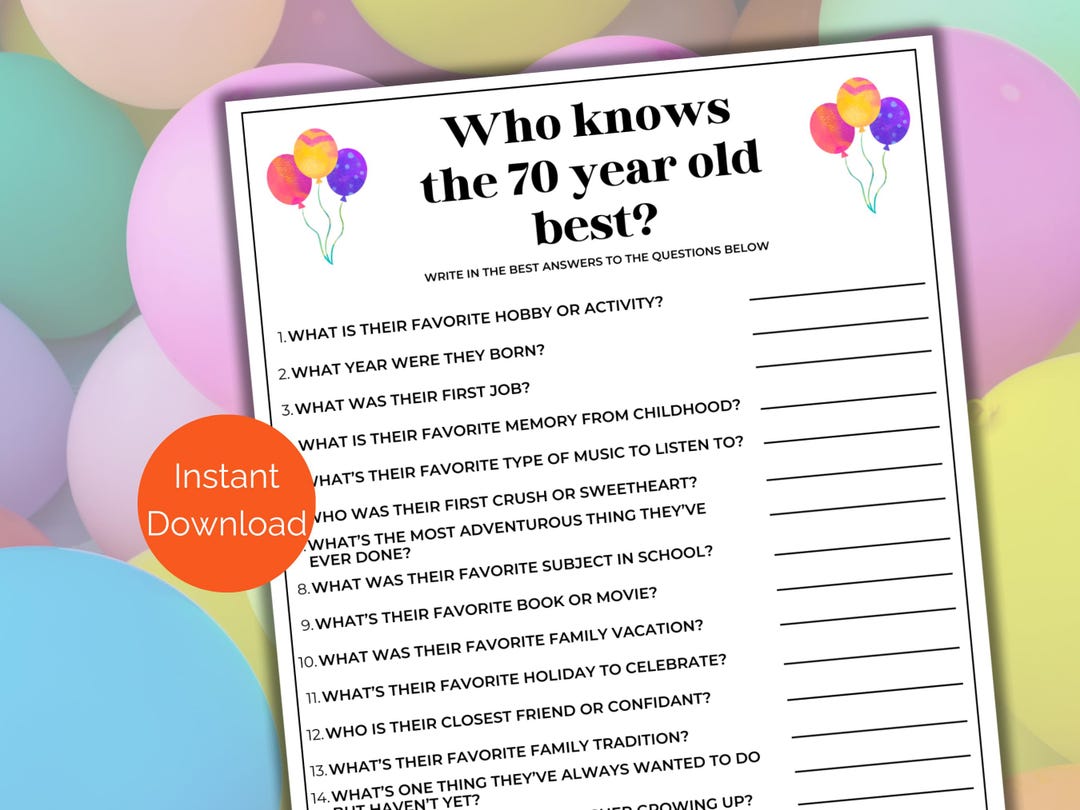 Who Knows the 70 Year Old Best Game, Printable 70th Birthday Party ...