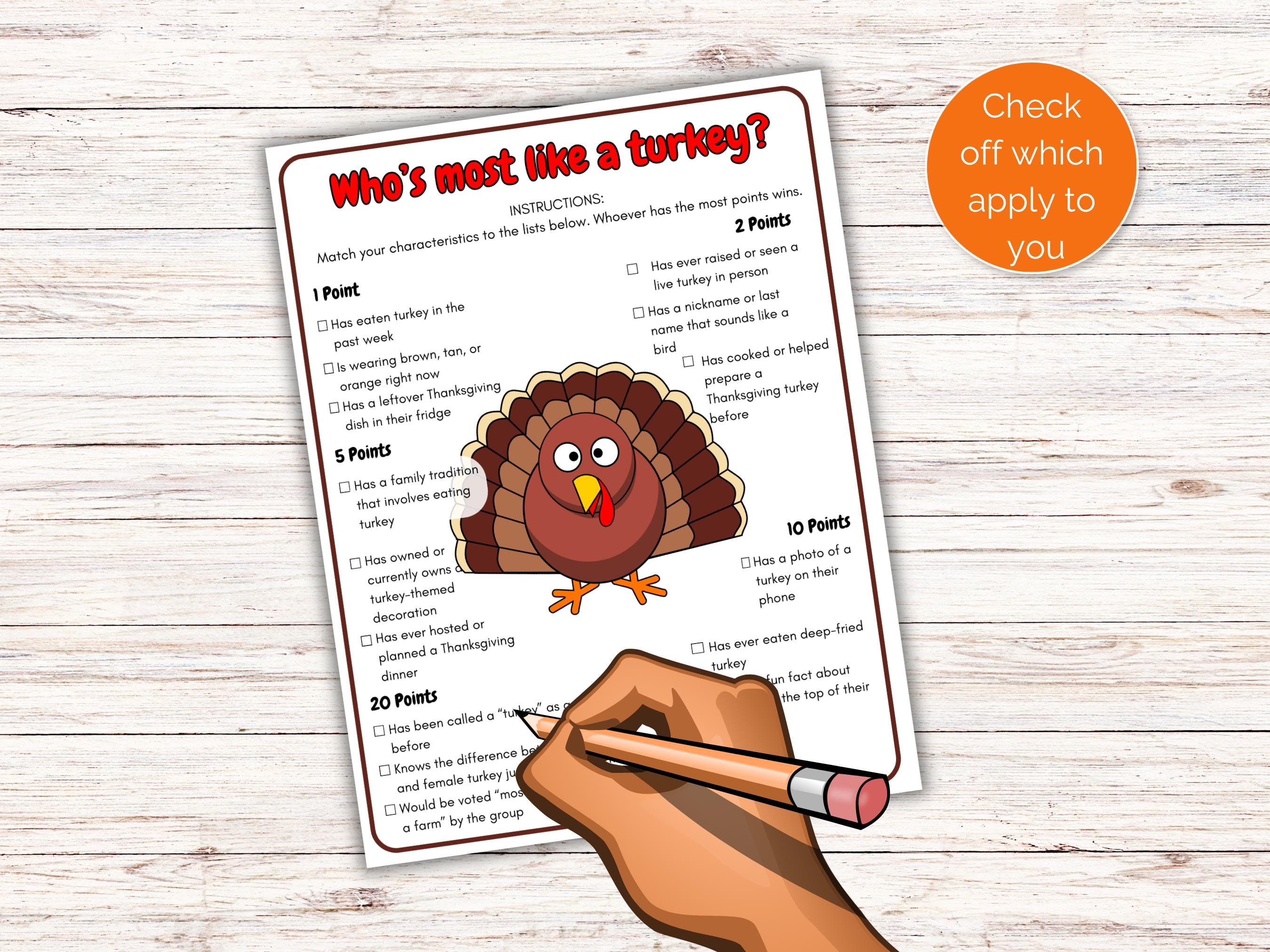Who's the Most Like a Turkey, Printable Thanksgiving Game, Thanksgiving ...