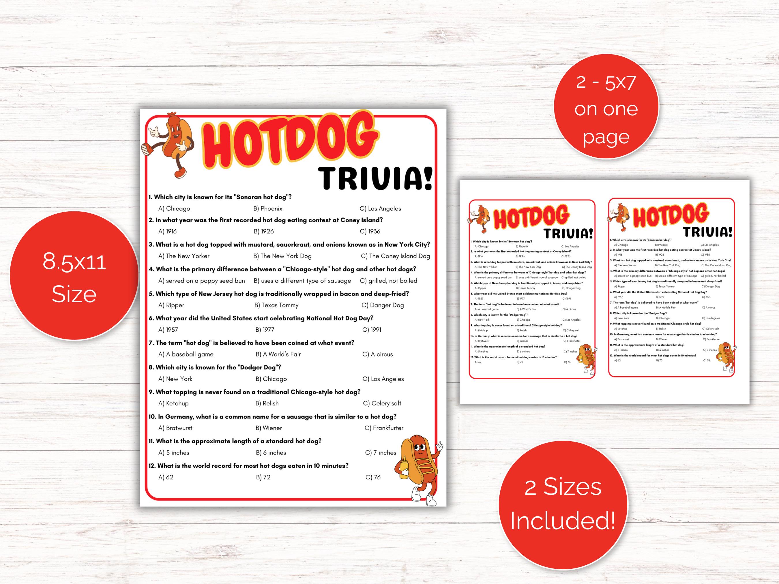 Hot Dog Trivia Game, Hot Dog Quiz, Printable Hot Dog Game for Kids and ...