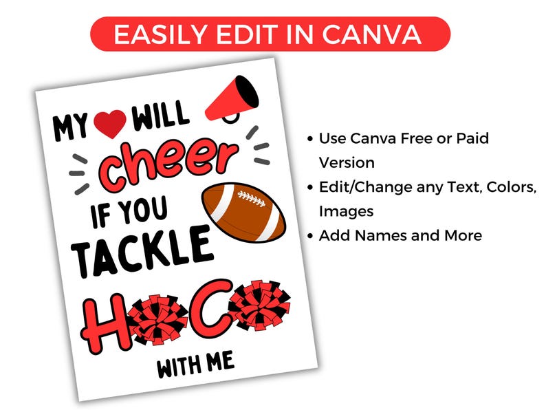 Editable Red Cheer + Football Homecoming Proposal Sign, Printable HOCO ...