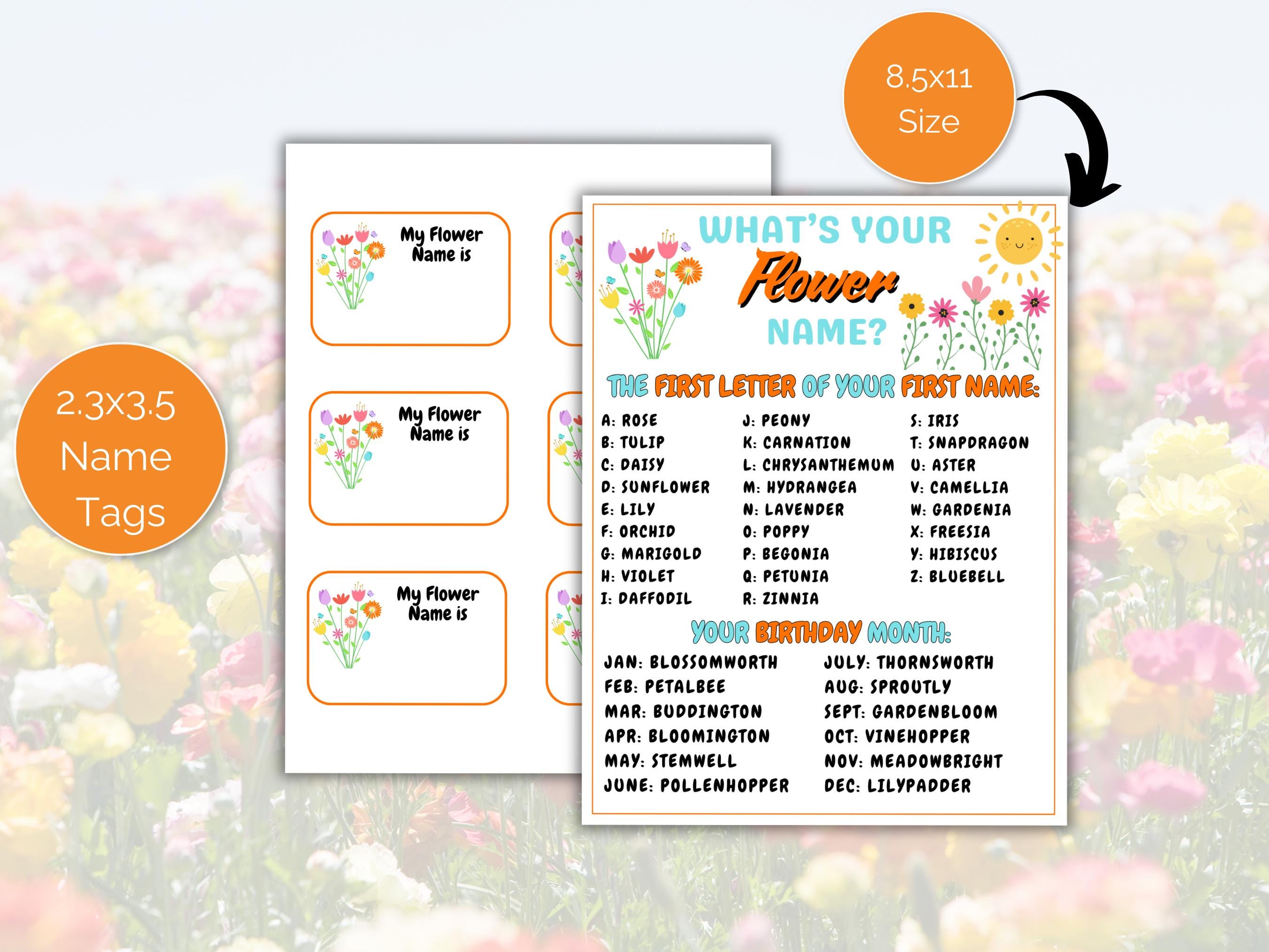 What's Your Flower Name Game + Name Tags, Printable Garden Party Game ...