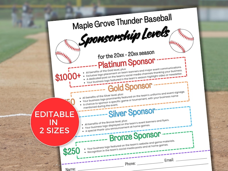 EDITABLE Baseball Sponsorship Levels Flyer Template, Baseball Team ...