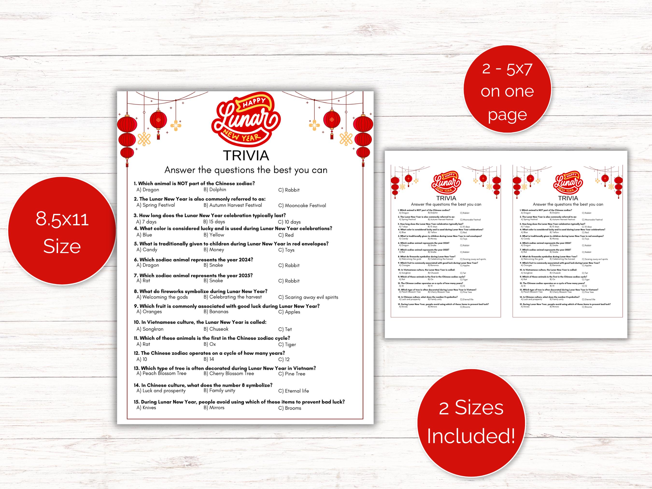 Lunar New Year Trivia Game, Lunar New Year Quiz, Printable Chinese New ...