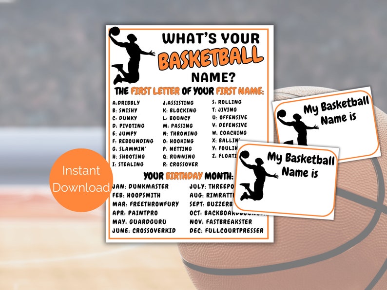 What's Your Basketball Name Game + Name Tags, Basketball Party Activity ...