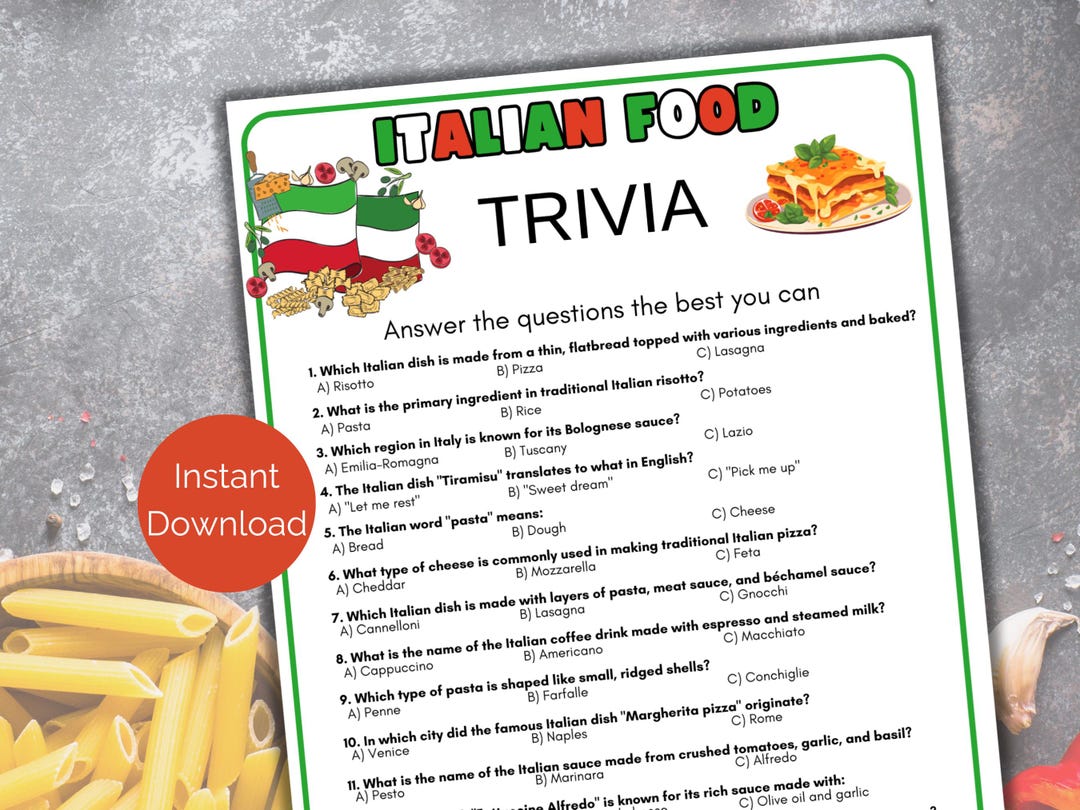 Italian Food Trivia Game, Italian Food Quiz, Pasta Trivia for Kids and ...