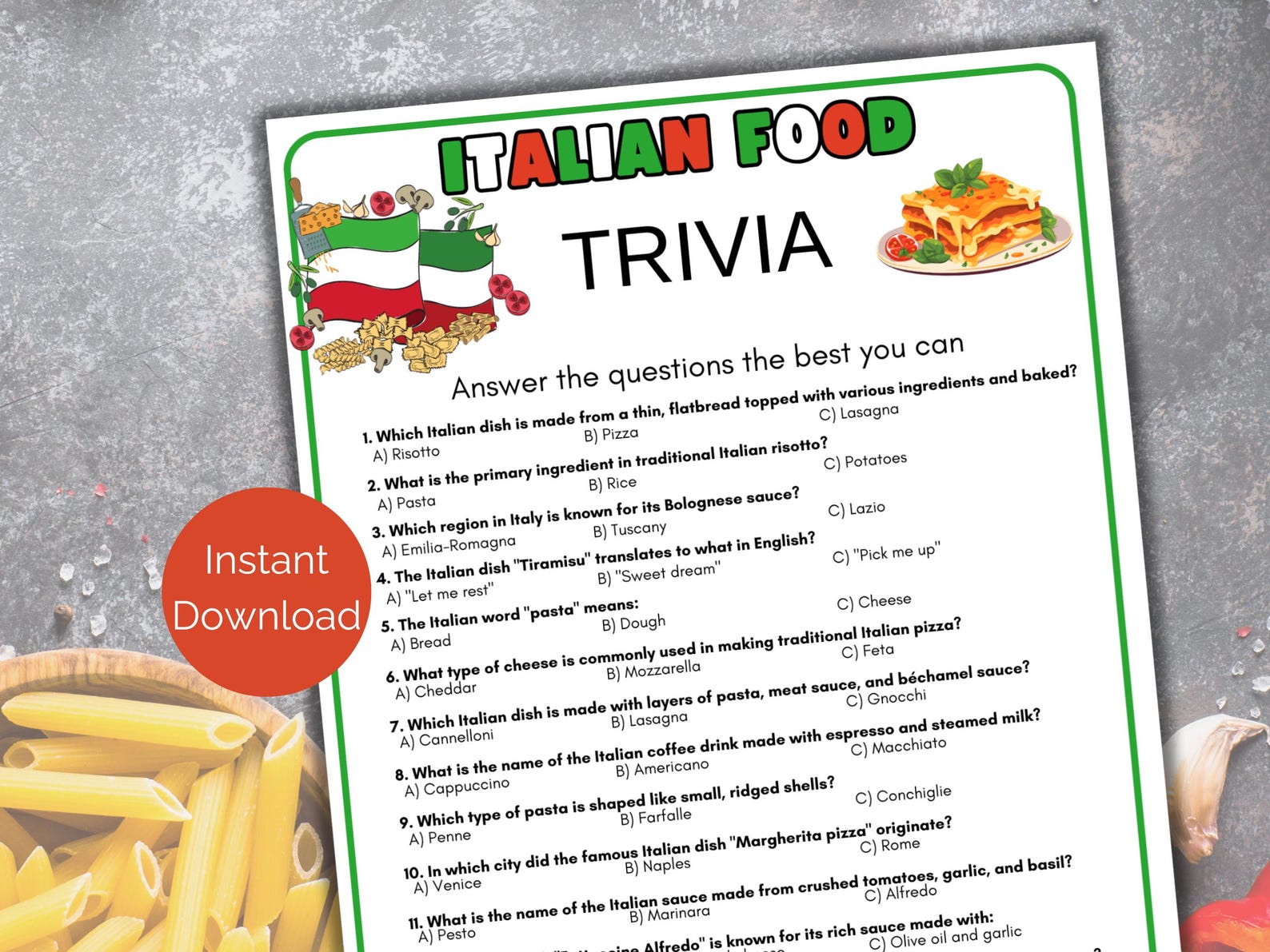 Italian Food Trivia Game, Italian Food Quiz, Pasta Trivia for Kids and ...