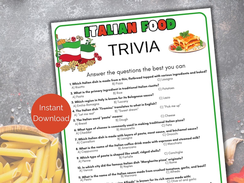 Italian Food Trivia Game, Italian Food Quiz, Pasta Trivia for Kids and ...