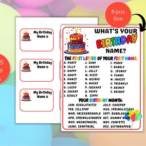 What's Your Birthday Name Game + Name Tags, Birthday Party Activity for ...