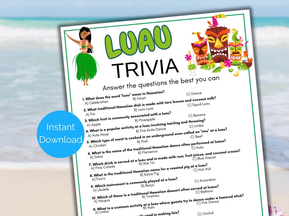 Luau Trivia Game, Luau Quiz, Hawaiian Party Game, Tropical Birthday ...