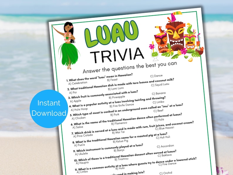 Luau Trivia Game, Luau Quiz, Hawaiian Party Game, Tropical Birthday ...