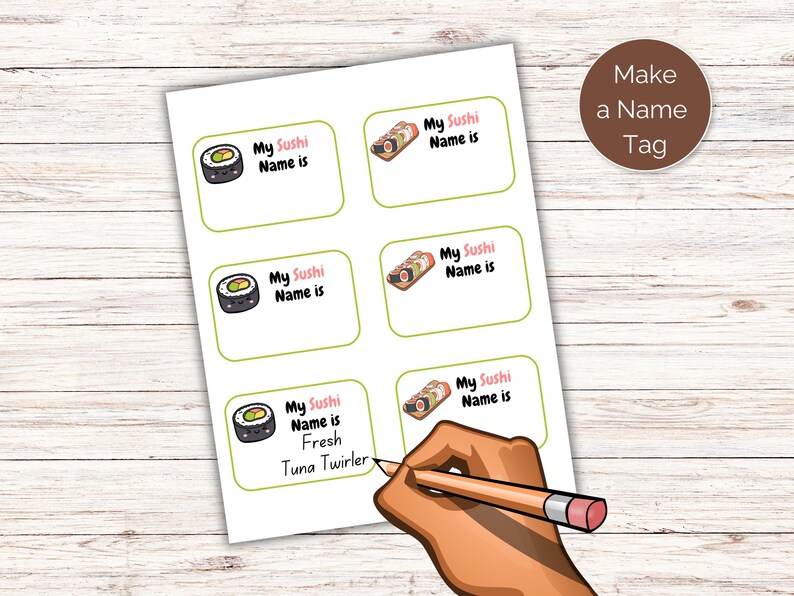 What's Your Sushi Name Game + Name Tags, Printable Sushi Party Games ...