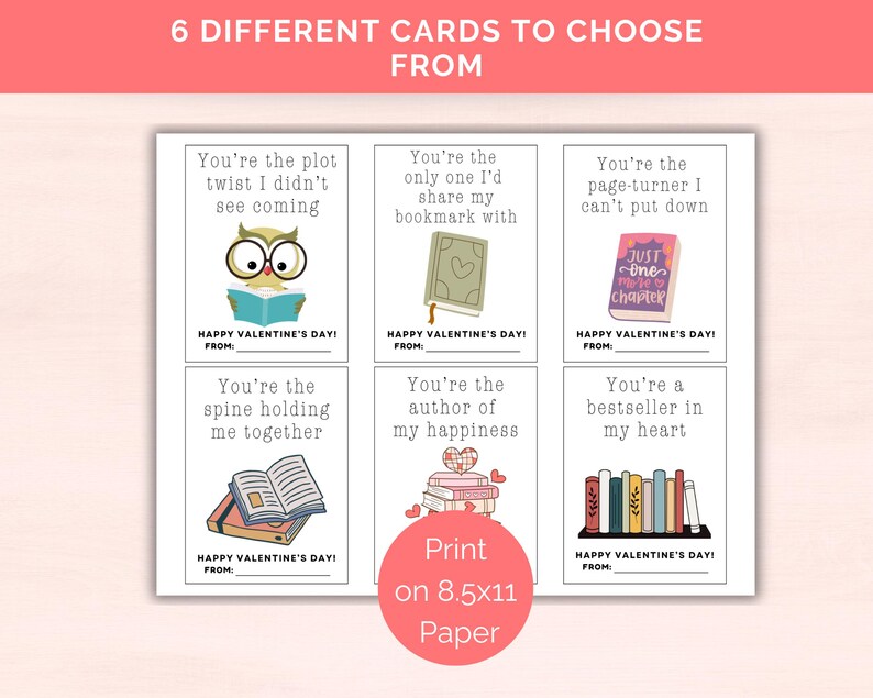 Book Lovers Valentine Cards, 6 Printable Book Lover Valentines ...