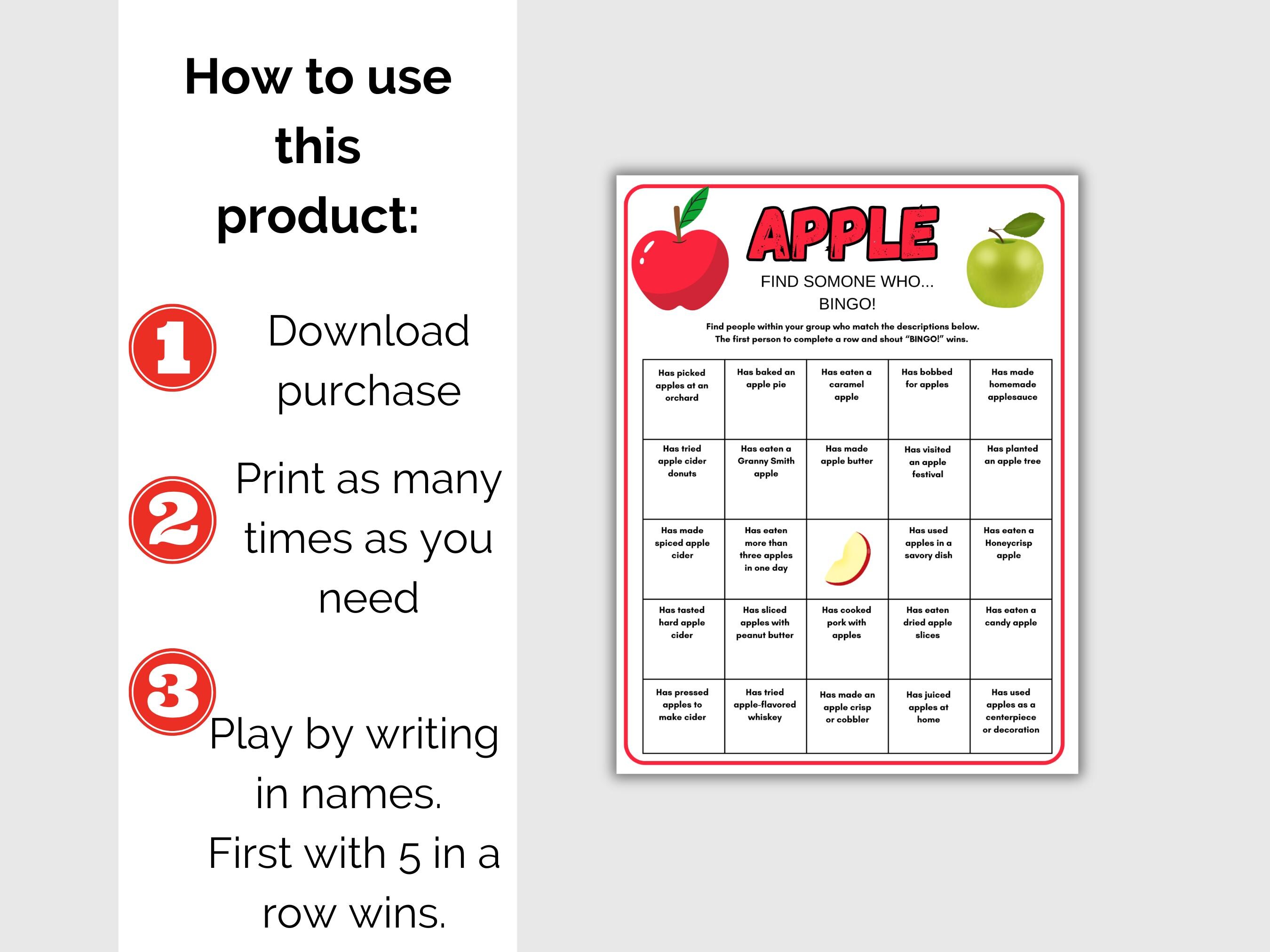 Apple Find Someone Who Game, Apple Party Mix and Mingle Bingo, Apple ...
