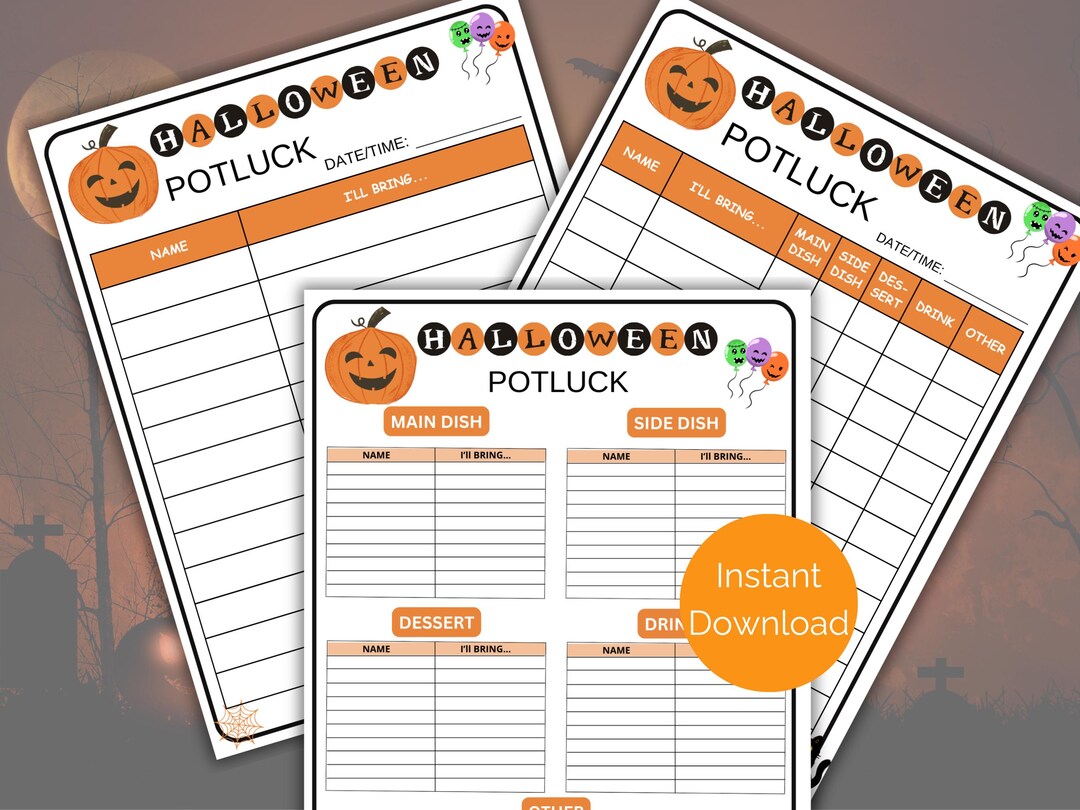 Halloween Potluck Sign up Sheet, Printable Halloween Party Potluck Form ...