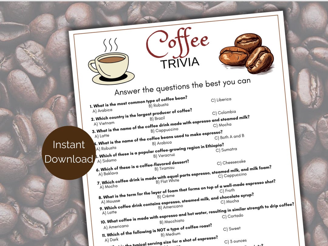 Coffee Trivia Game, Coffee Quiz, Printable Coffee Themed Party Game for ...