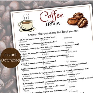 Coffee Trivia Game, Coffee Quiz, Printable Coffee Themed Party Game for ...