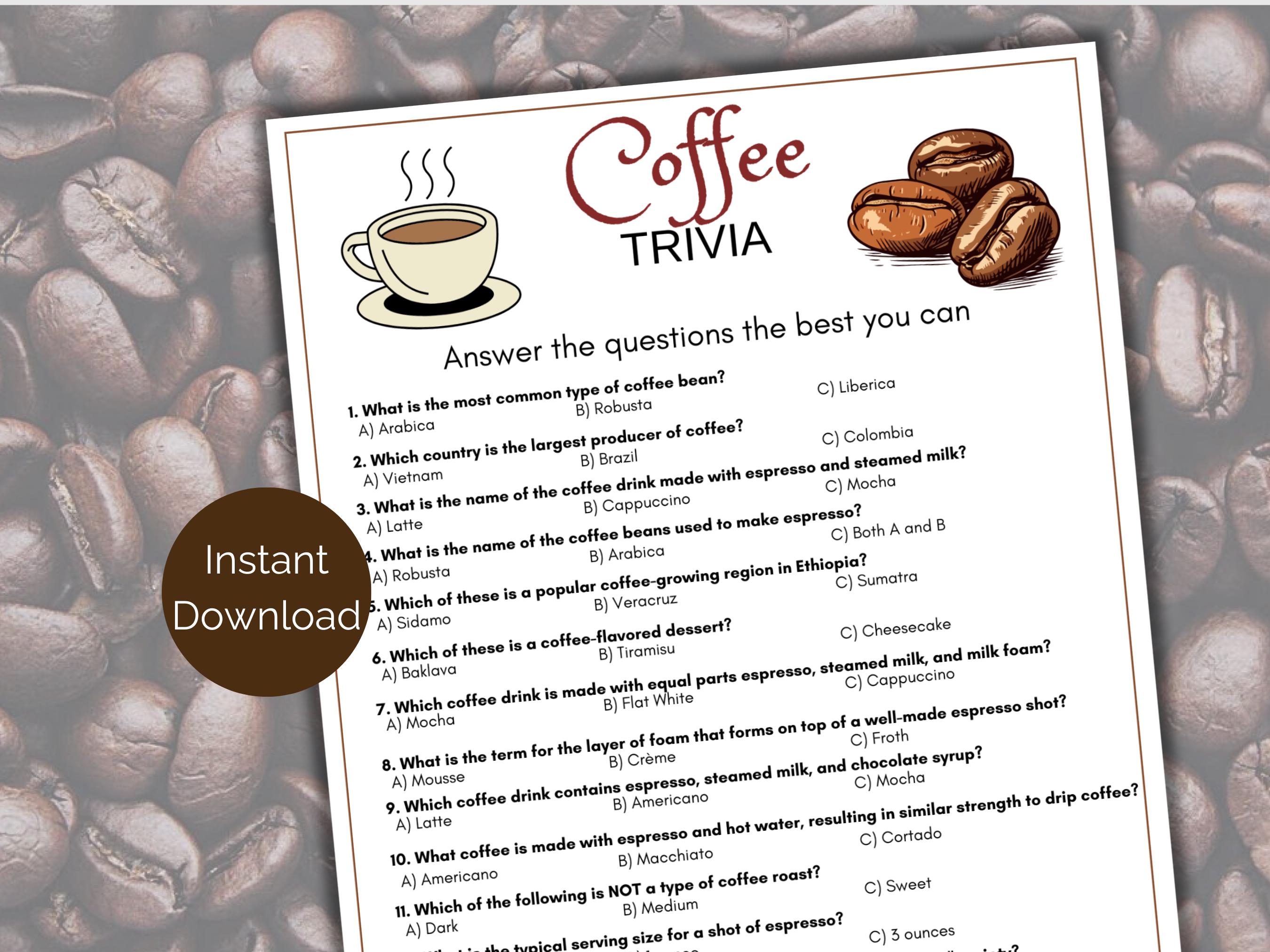Coffee Trivia Game, Coffee Quiz, Printable Coffee Themed Party Game for ...