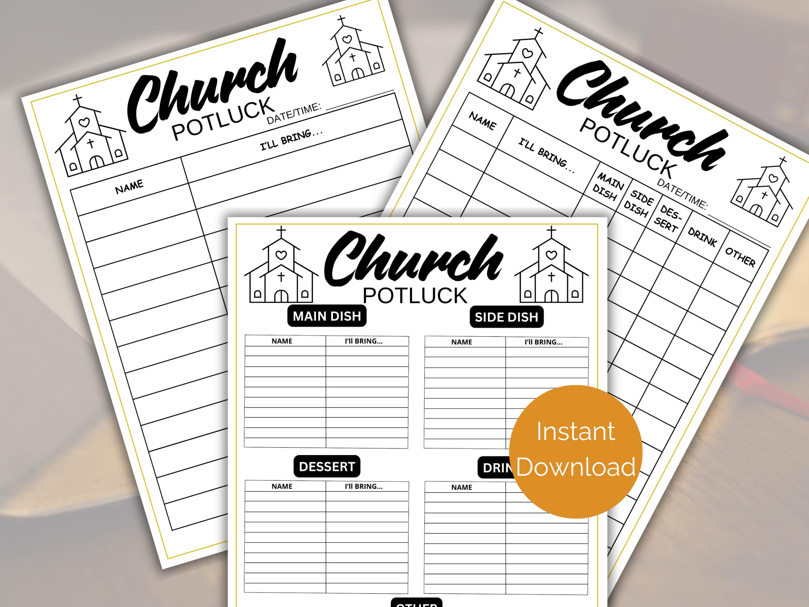 Church Potluck Sign up Sheet, Printable Church Party Potluck Sign up ...