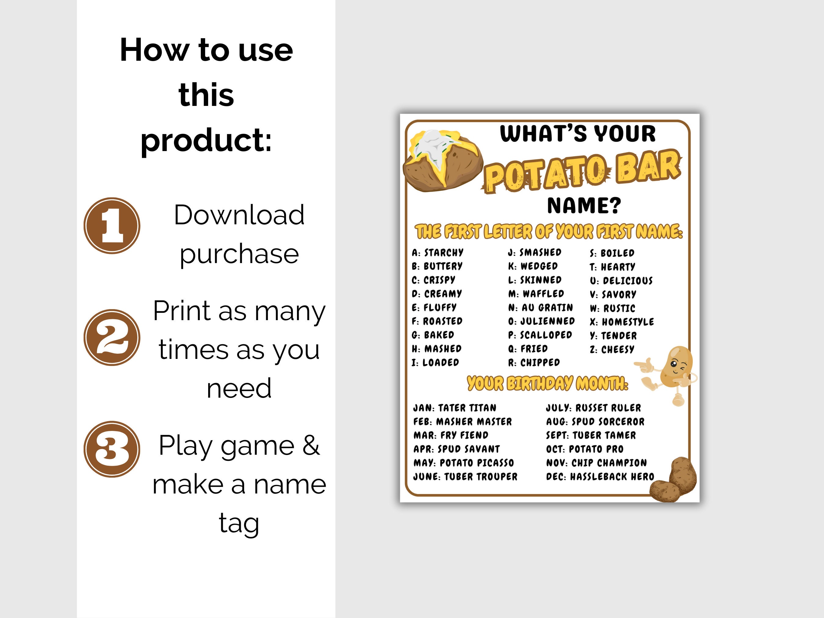 What's Your Potato Name Game + Name Tags, Potato Bar Party Game, Potato ...