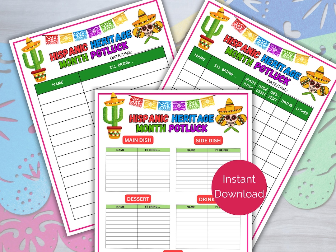 Hispanic Heritage Potluck Sign up Sheet, Printable Hispanic Heritage ...