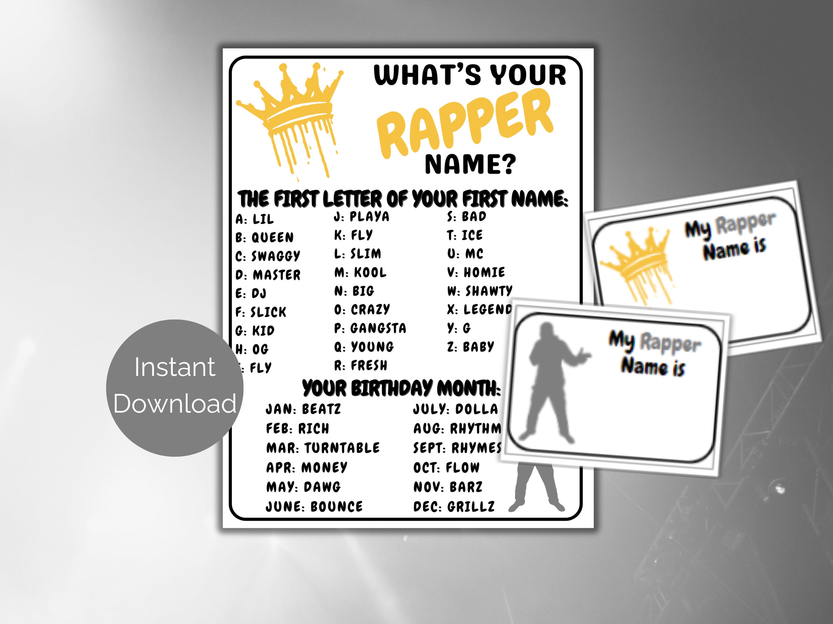 What's Your Rapper Name Game + Name Tags, Hip Hop Party Game, Rap Birthday Party Activity - Etsy