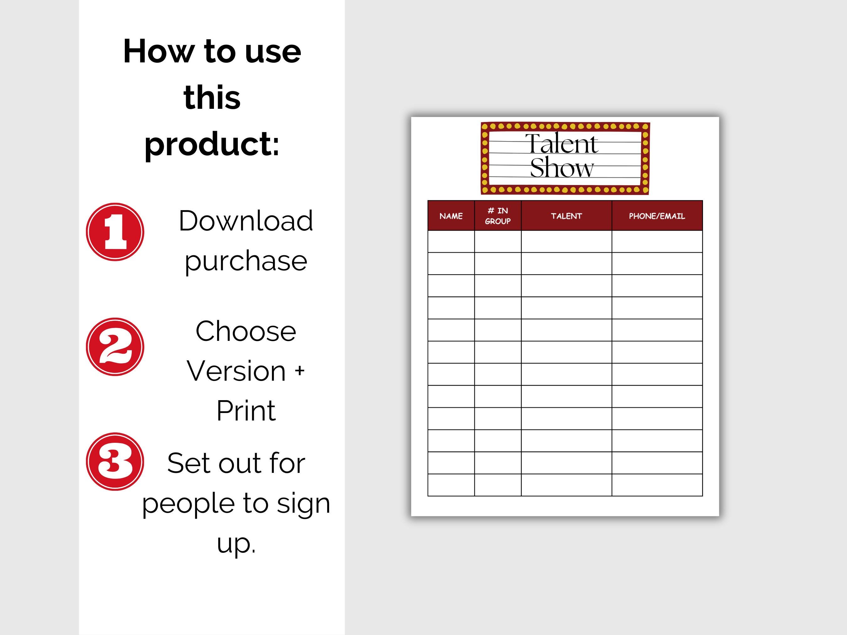 Talent Show Sign up Sheet, Printable Talent Show Signup, School Talent ...