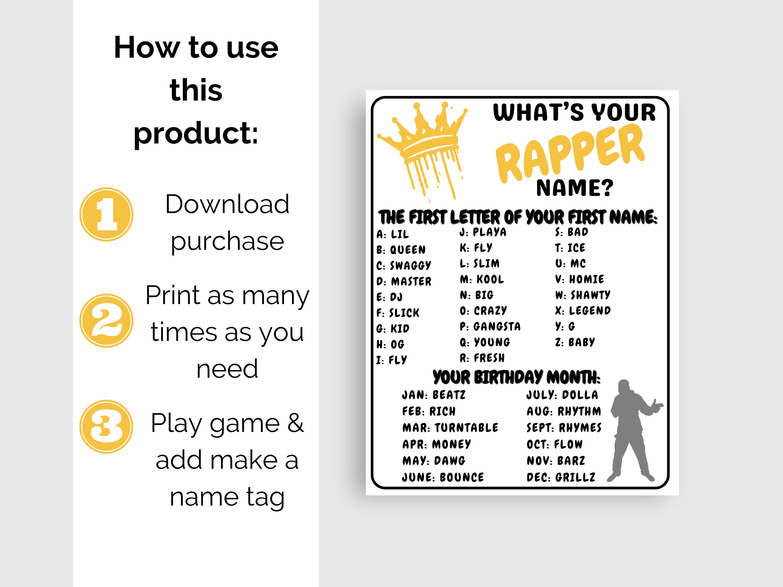 What's Your Rapper Name Game + Name Tags, Hip Hop Party Game, Rap ...