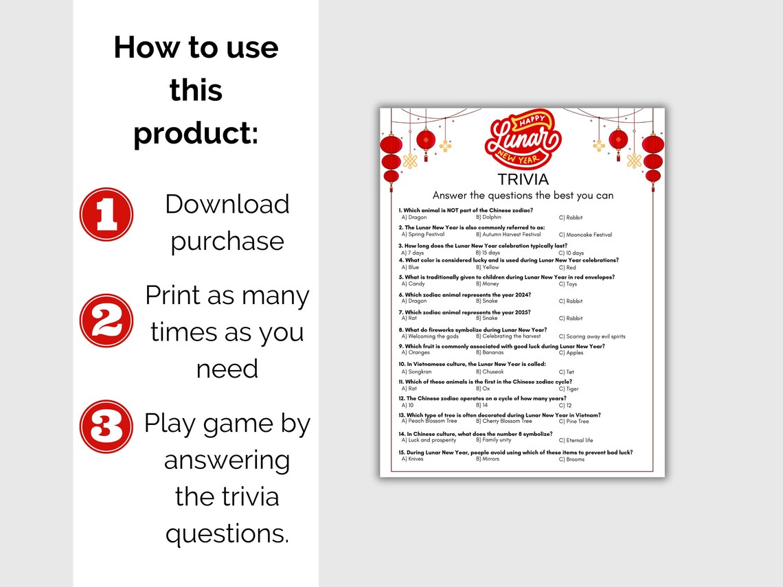 Lunar New Year Trivia Game, Lunar New Year Quiz, Printable Chinese New ...
