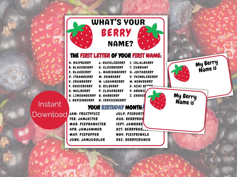 What's Your Berry Name Game Name Tags, Berry First Birthday Party Game ...