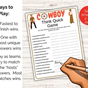Cowboy Think Quick, Cowboy Party Printable, Western Themed Party Games ...