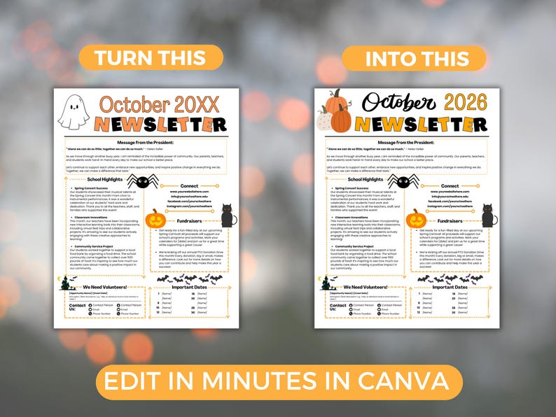 EDITABLE October PTO PTA Newsletter Template, Monthly Classroom October ...