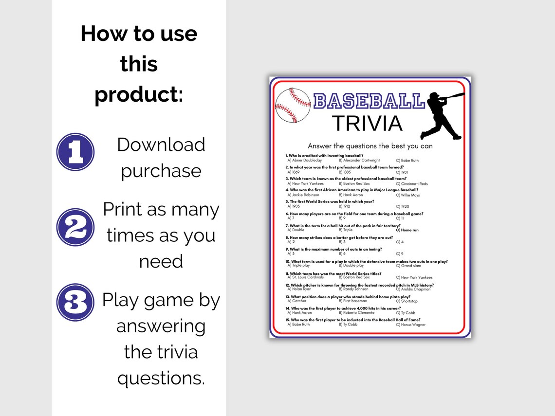 Baseball Trivia Game, Printable Baseball Team Party Games, Baseball ...