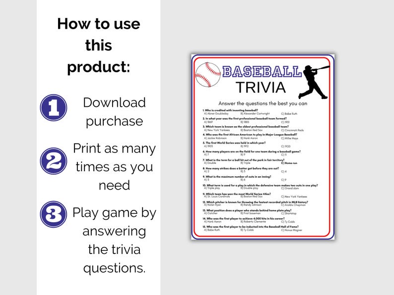Baseball Trivia Game, Printable Baseball Team Party Games, Baseball ...