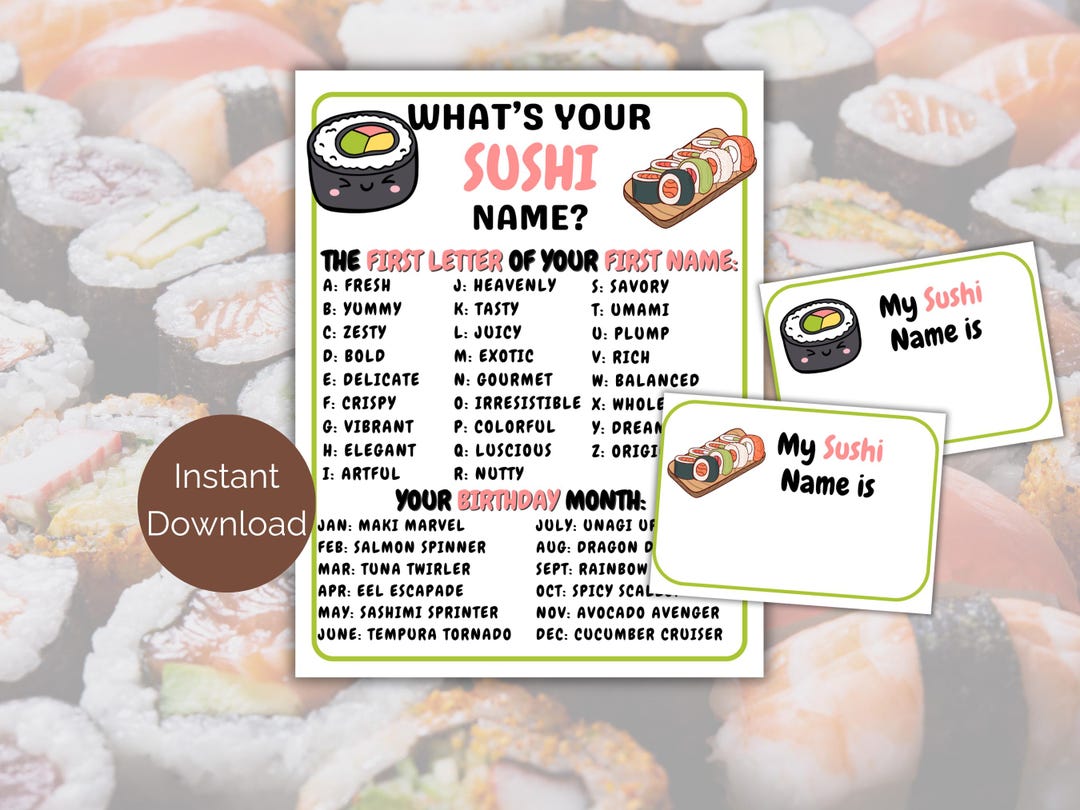 What's Your Sushi Name Game + Name Tags, Printable Sushi Party Games ...