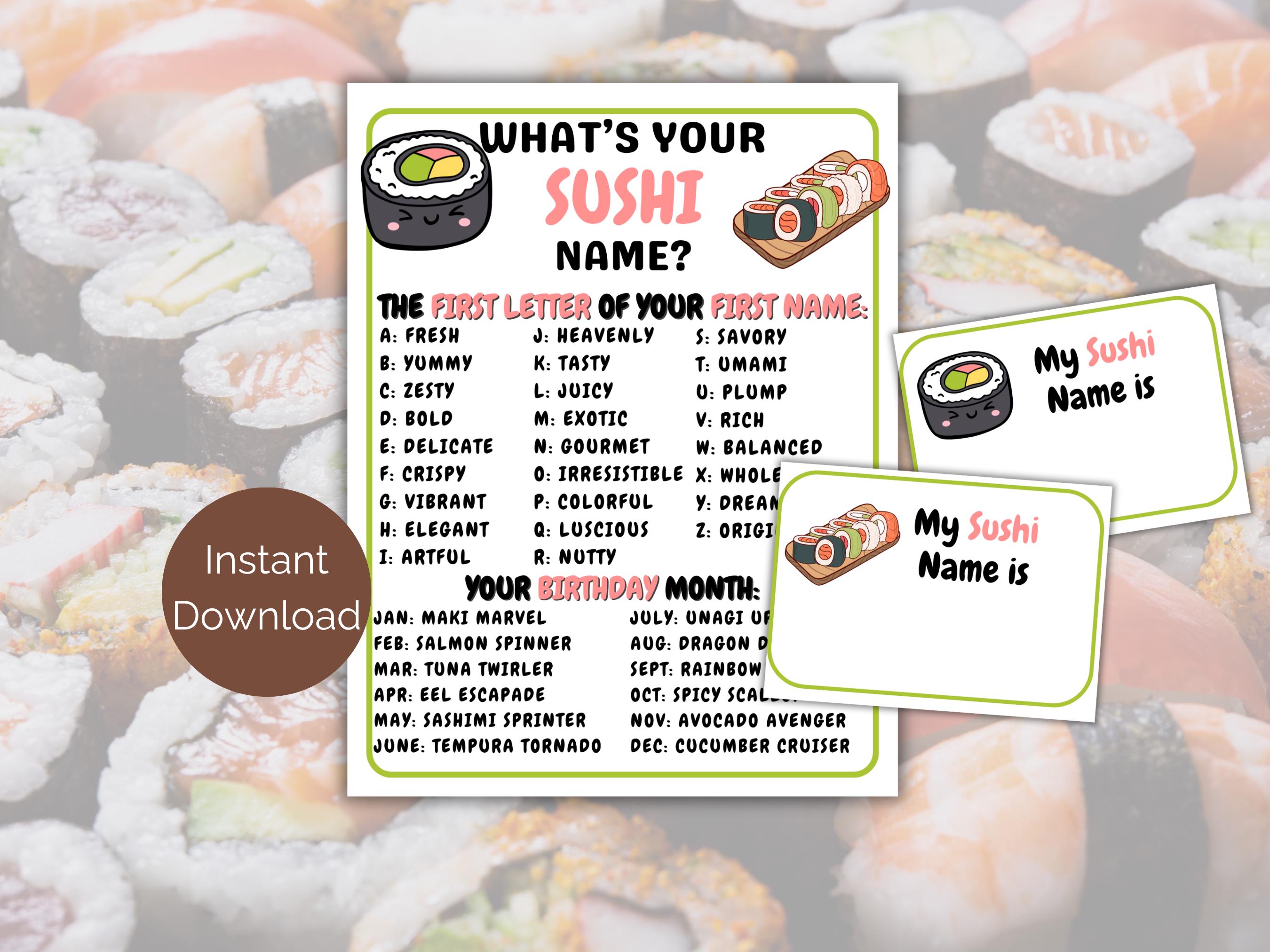 What's Your Sushi Name Game + Name Tags, Printable Sushi Party Games ...
