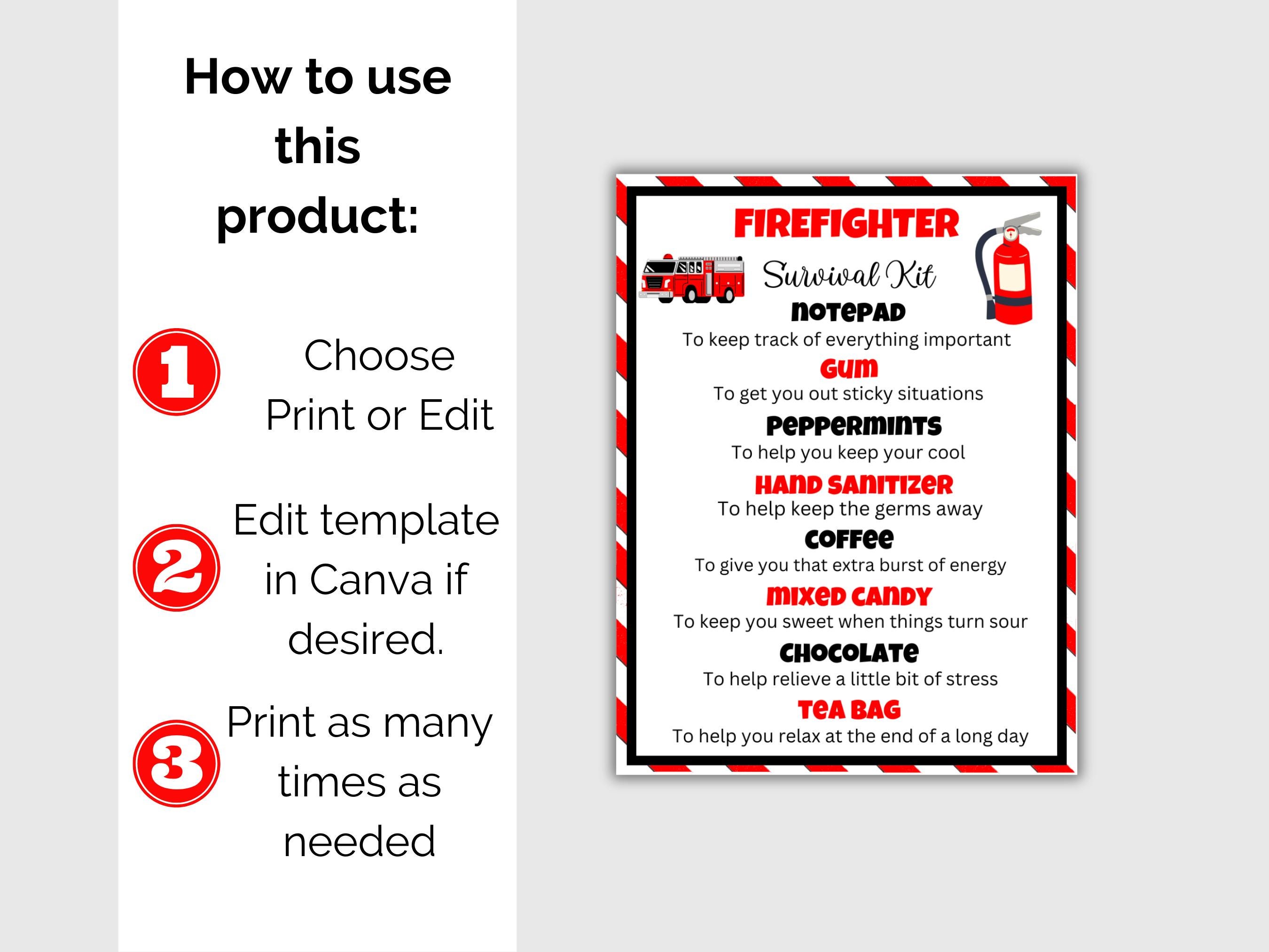 Editable Firefighter Survival Kit Gift Tags, Firefighter Appreciation ...