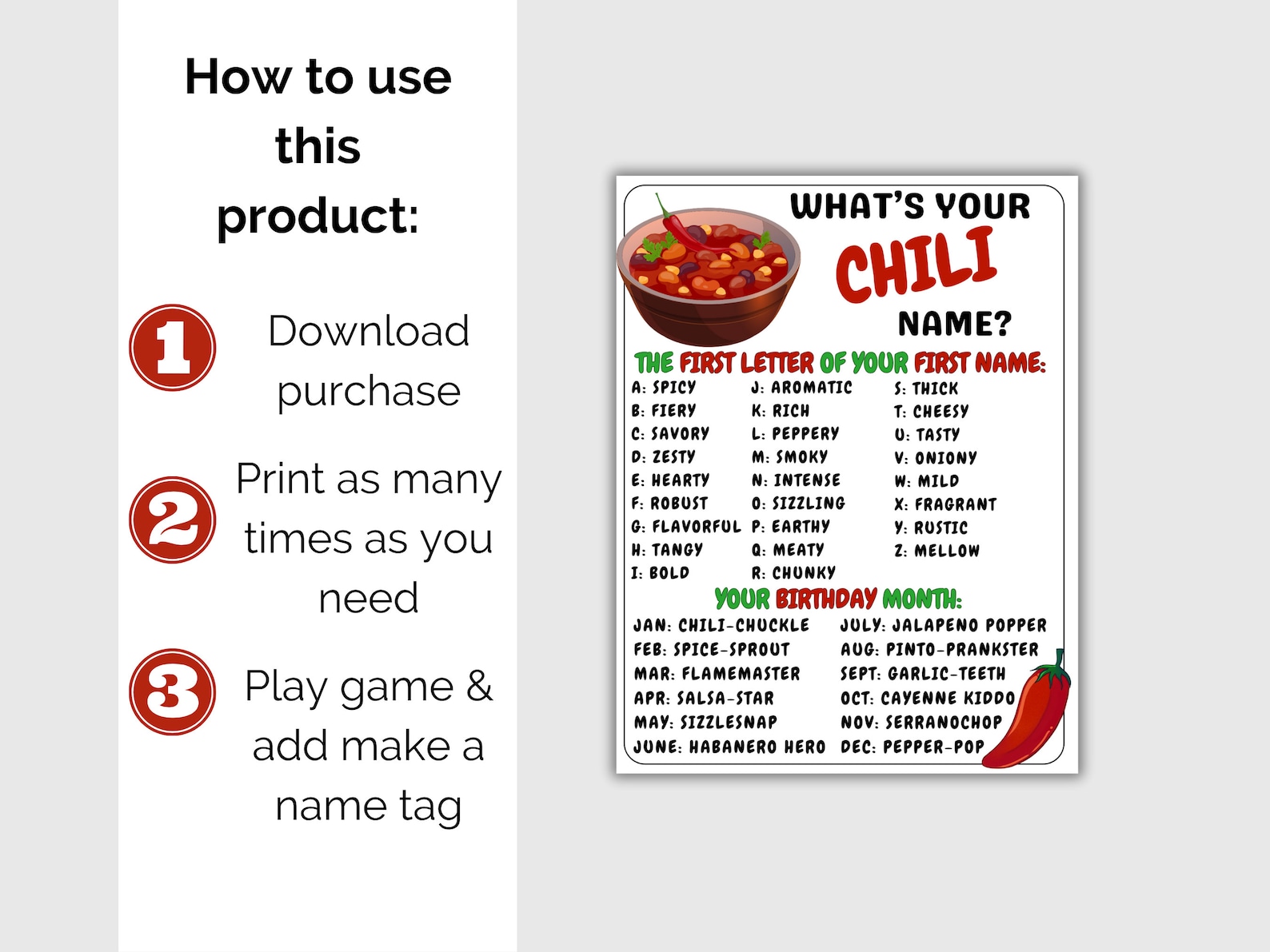 What's Your Chili Name Game + Name Tags, Chili Party Game, Chili ...